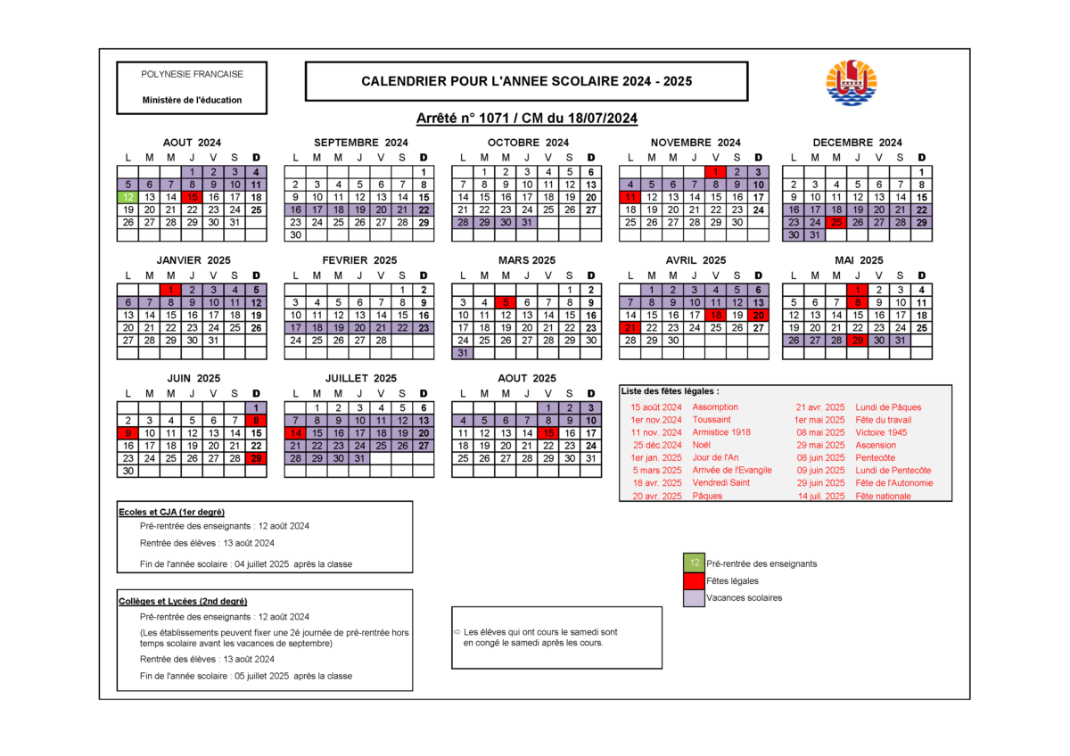 Calendriers scolaires – Direction de l'éducation et des enseignements